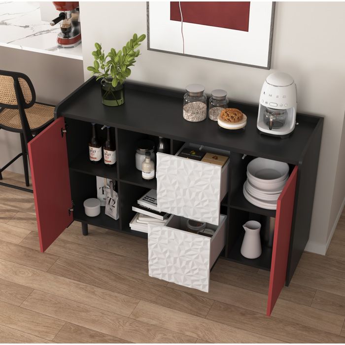 Buffet de rangement noir et rouge avec tiroirs et niches ouvertes ...