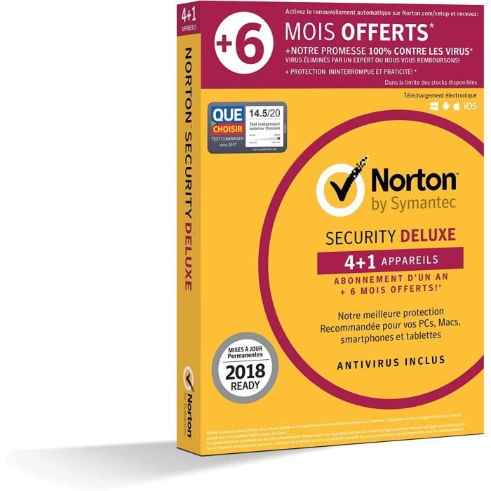 Norton Security Deluxe 2019 | 4+1 Appareils | 1 an + 6 mois | PC/Mac ...