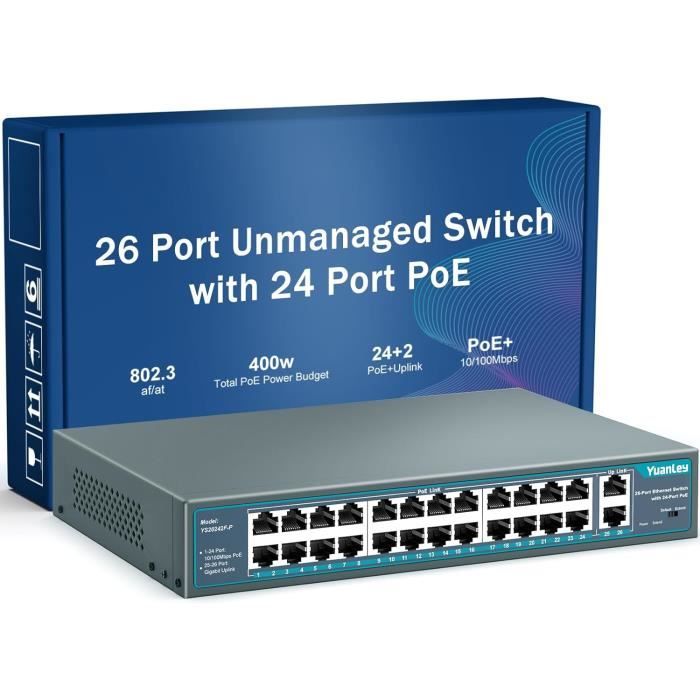 26 Port Poe Switch, 24 Poe+ Port 100Mbps, 2 Uplink Gigabit, 802.3Af-At ...
