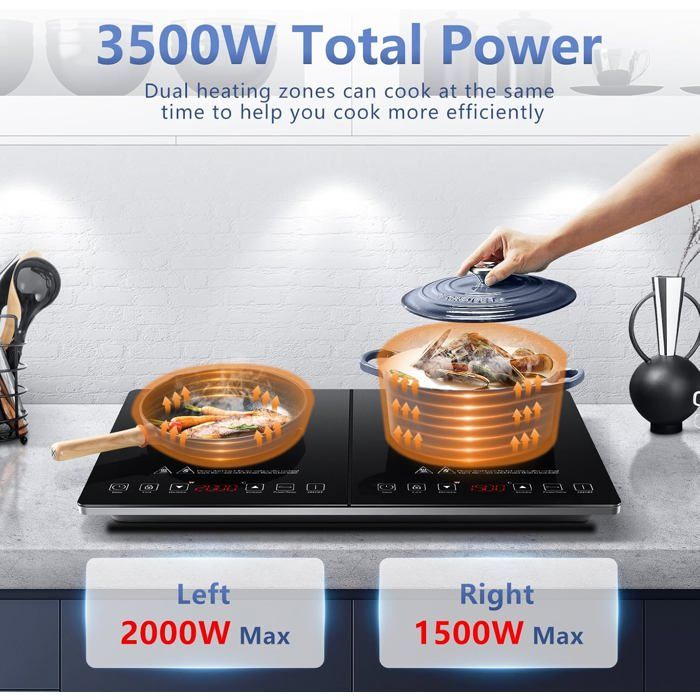 Plaque à induction portable - TRAHOO - 2 feux - 3500 W - 20 niveaux de ...