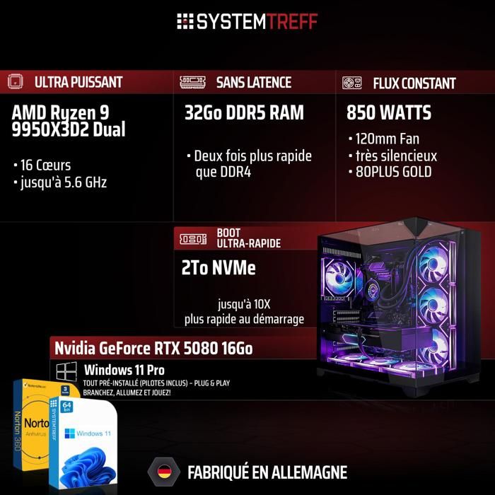PC Gamer - AMD Ryzen 9 9950X3D2 Dual - Nvidia GeForce RTX 5080 16Go ...