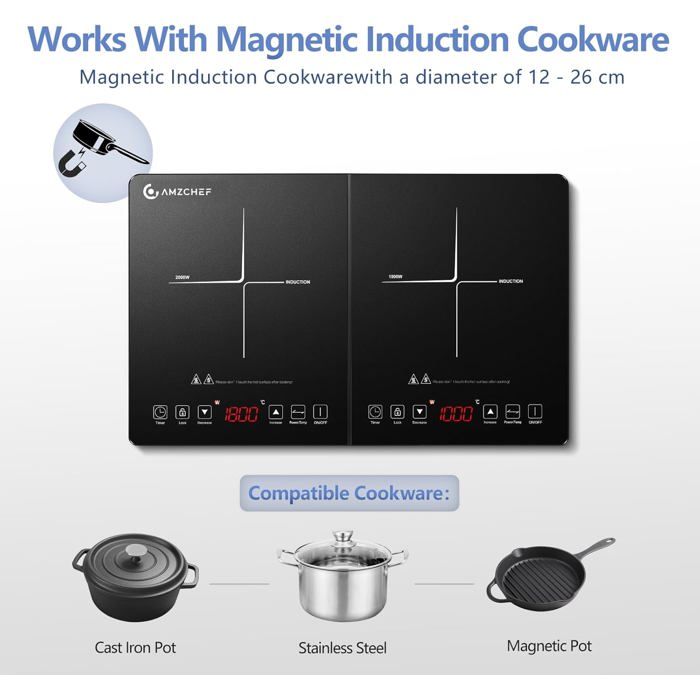 Plaque à induction portable - TRAHOO - 2 feux - 3500 W - 20 niveaux de ...