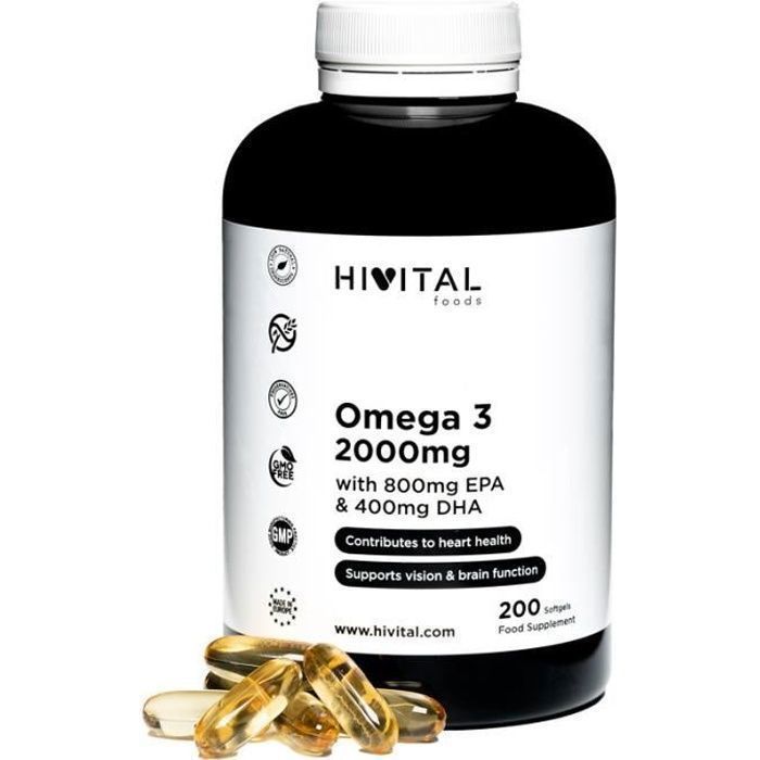 Oméga 3 2000 mg. 200 capsules pour 3 mois. Avec 800 mg d'EPA, 400 mg de ...