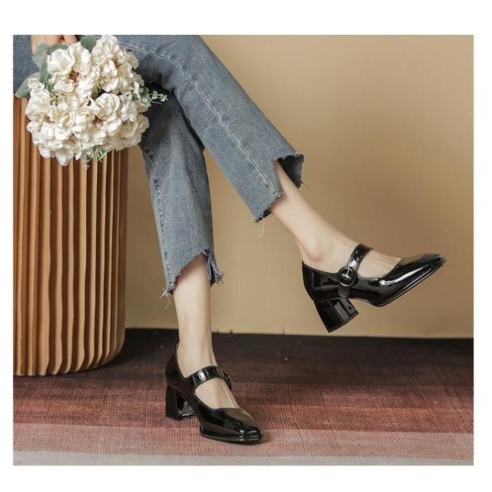 Escarpins Femme Talon bloc fashion en cuir verni Mary Jane - Noir ...