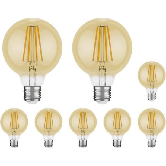 8X E27 Ampoules Led, G95, Extra Blanc Chaud (2500 K), 7,3 W, 818Lm, Variateur À 3 Niveaux, Doré ...