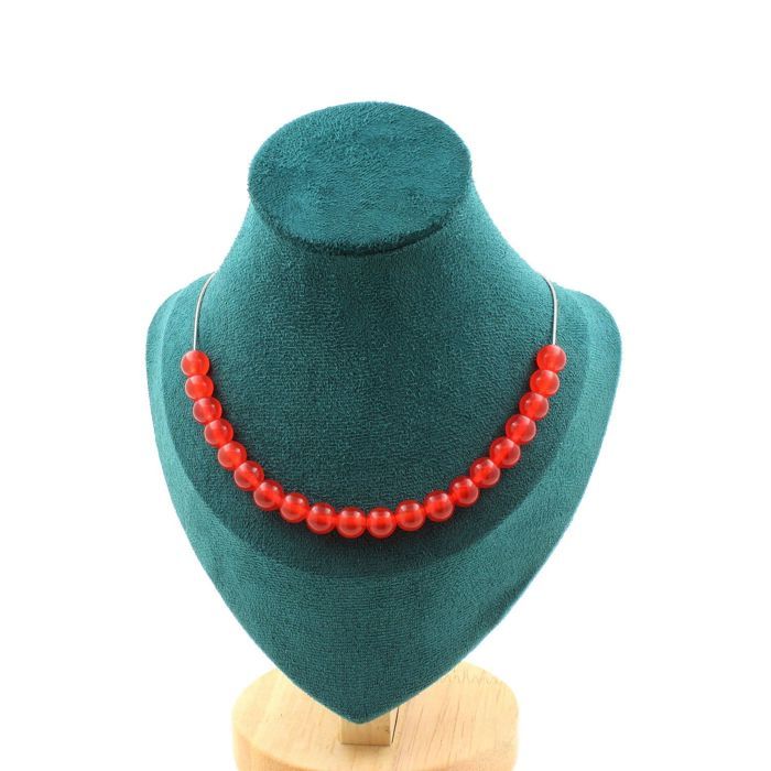 Pierres et Minéraux. Collier 20 perles Calcédoine rouge 8 mm. Chaine en acier inoxydable Collier ...