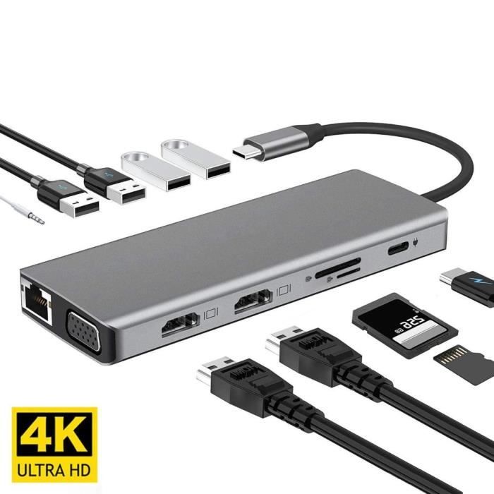 12-EN-1 USB Type-C - Séparateur USB type c HUB SD TF Gigabit Ethernet 4K HDMI, Station'accueil ...