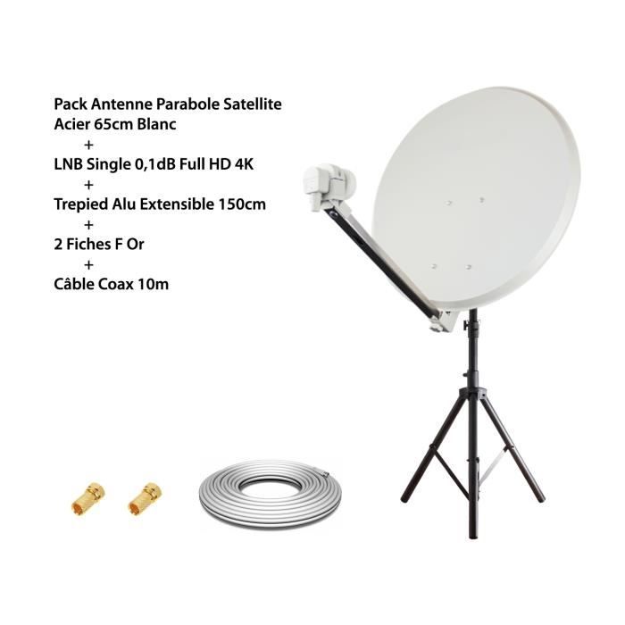 Pack Antenne Parabole Satellite Acier 65cm Blanc HD4K + LNB Single 0,1dB Full HD 4K + Trépied ...