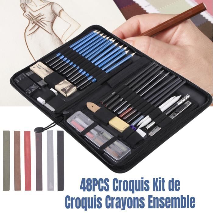 LAN268-48pcs Crayon de Dessin Crayon Dessin Croquis Kit Dessin Professionnel avec Sac De ...