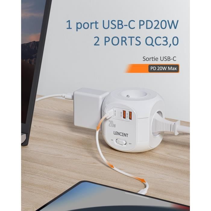 Cube Rallonge Multiprise Fiche Plate Amélioré Pd 20W 3M Avec 4 Prises ...