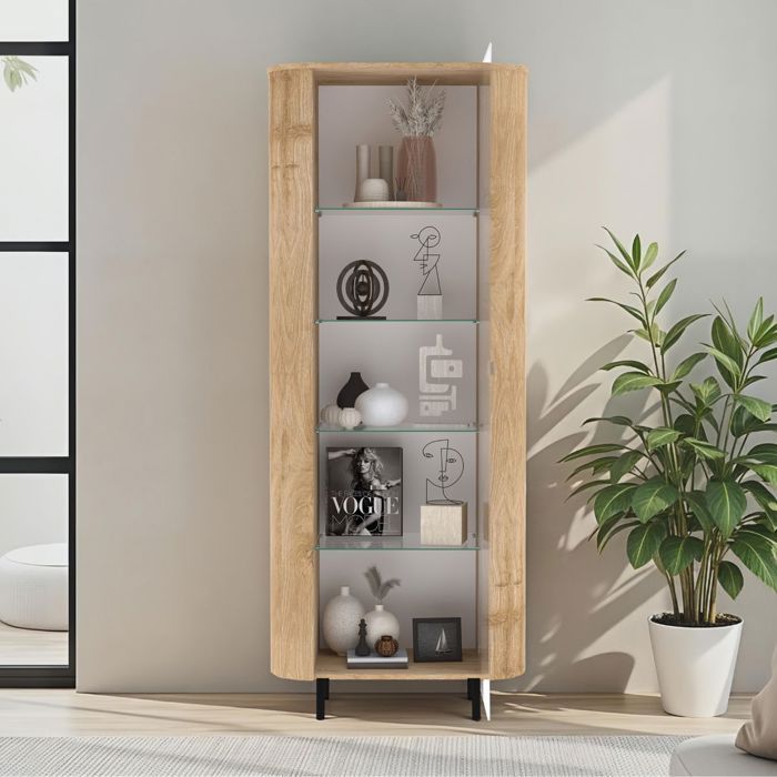 Vitrine 1 porte aspect bois finition Cadiz design coins arrondis pieds ...