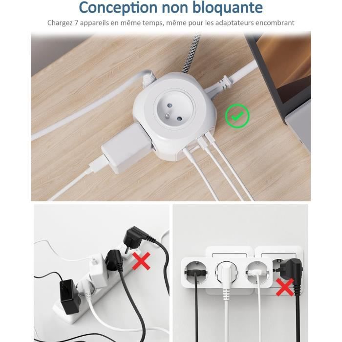 Cube Rallonge Multiprise Fiche Plate Amélioré Pd 20W 3M Avec 4 Prises ...