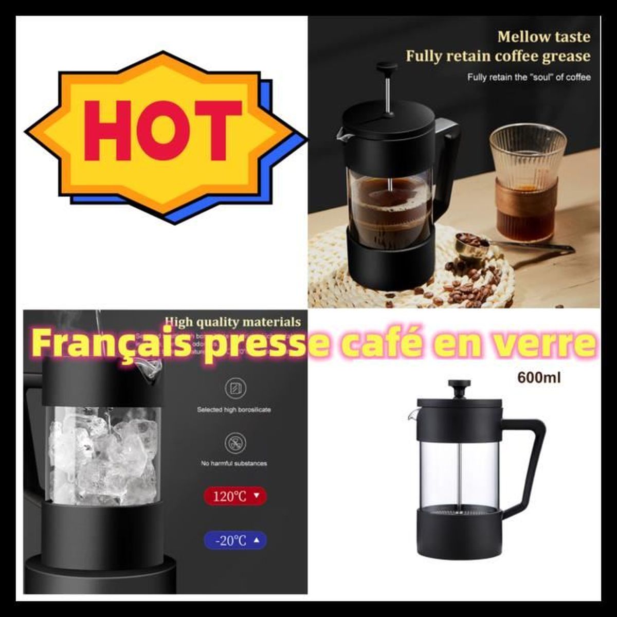 Cafetière à piston - Français presse café en verre-Machine à Café ...