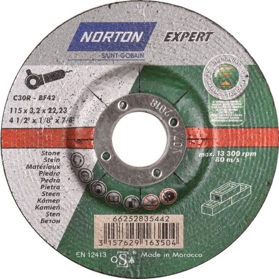 Disque à tronçonner - NORTON - Expert - Pierre - Ø115 mm - 22,23x3,2 mm ...