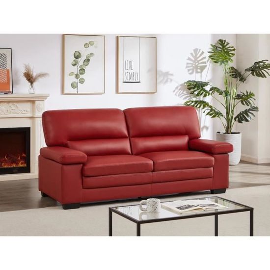 Canapé 3 places en cuir de buffle rouge MIMAS - Cdiscount Maison
