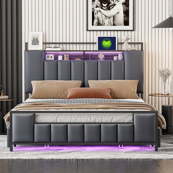 Lit adulte Lit double 140x200 cm lit multifonctionnel avec éclairage ...