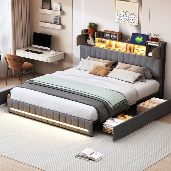 Lit double 160x200 - Lit coffre avec 4 tiroirs - LED et USB ...