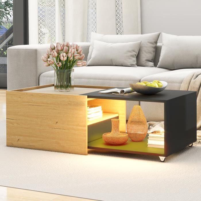 Table basse, escamotable, à roulettes et lumières LED, avec espace de ...