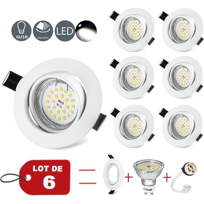 WOWATT Lot de 6 Spots Encastrables LED Orientable Rond - Spots GU10 LED 6W Blanc Froid 6000K ...