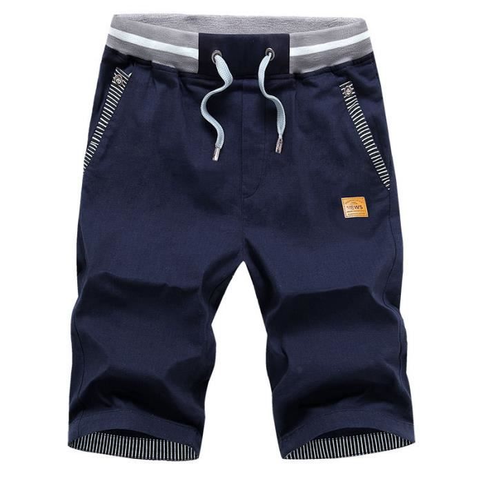 Bermuda Homme Ete Lin Taille Elastique Coupe Droite Casual Short - Bleu ...