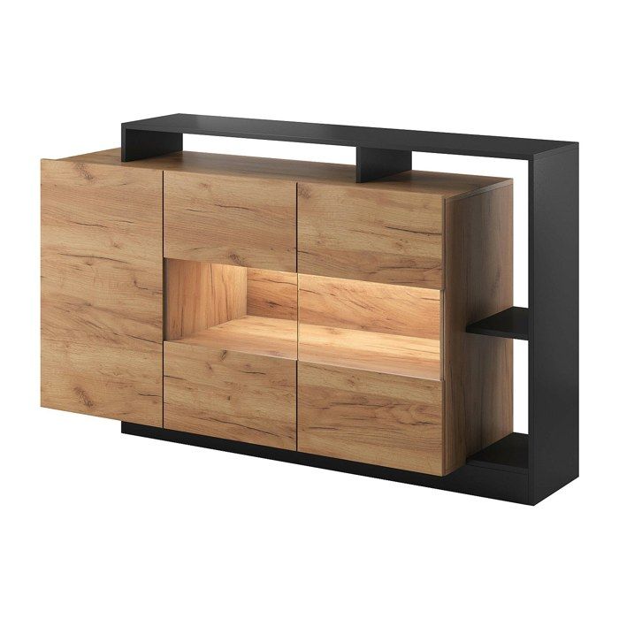 Buffet 3 portes et 3 niches avec LEDs - Coloris : Naturel et anthracite ...