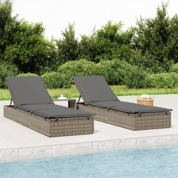 Transats Lot de 2 - Transats Piscine - avec table gris - Résine tressée ...