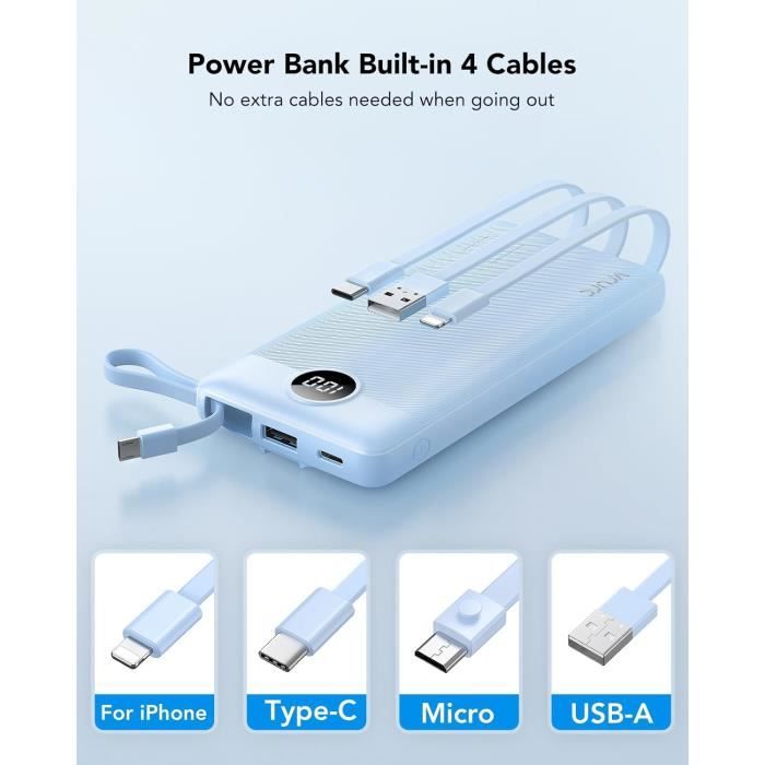 Batterie Externe 10000Mah Câble Intégré Power Bank Usb C 2.4A Et 5 Sorties Ultra Mince Batterie ...