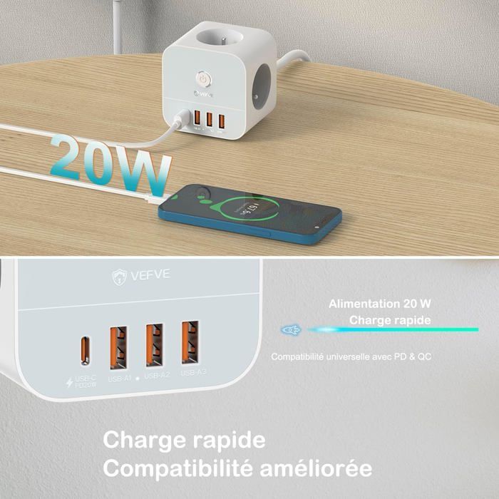 Rallonge Multiprise avec USB-C Cube Prise Multiple avec Interrupteur 3 ...