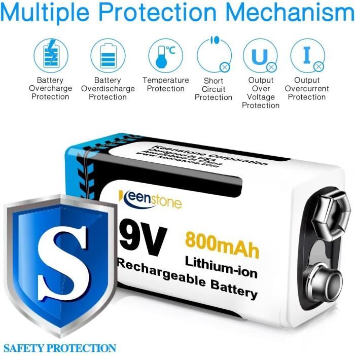 Piles 9V Rechargeables 3PCS, 800mAh Lithium-ION Batterie 9V PP3 ...