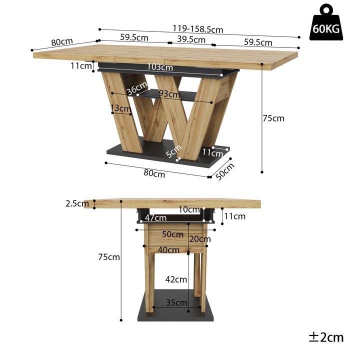 Table à manger extensible - Becag - Table de salle à manger 119-158.5x80cm - Pour cuisine et ...