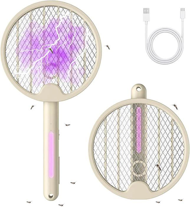 Raquette Anti Moustique Pliant 3000V. Rechargeable par USB avec Mode Automatique. Raquette ...