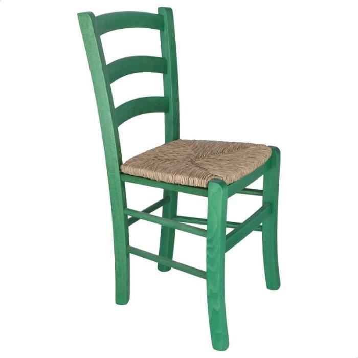 Chaise rustique avec assise en paille finition verte, fabriquée en bois ...