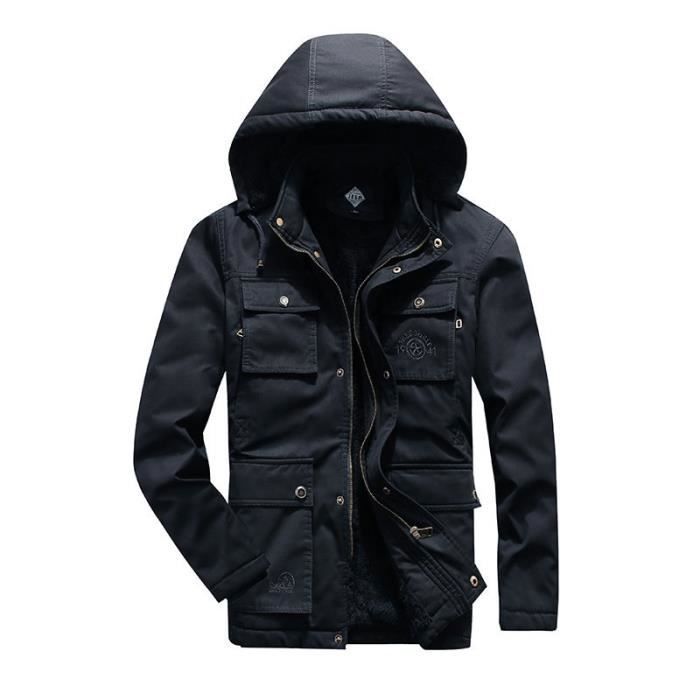 Manteau Hiver à Capuche Homme Doublé Polaire Veste Multi-poches Chaude ...