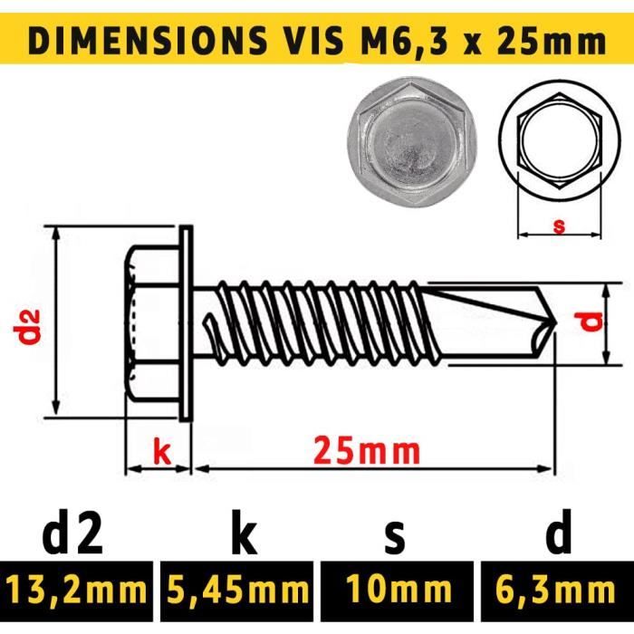 Vis Autoforeuse Metal M6,3 X 25Mm : Boite 10 Pcs Visserie Inox Pour Ecrou Rondelle | Vis ...