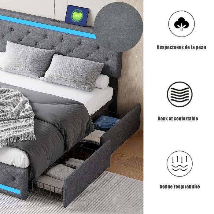 Lit double 140x190 cm -LUMINARIX-Lit Rembourré avec LED - 4 tiroirs ...