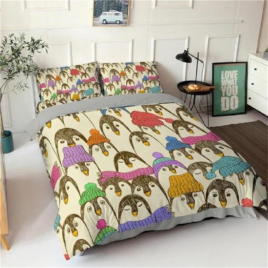 Housse de Couette Pingouin Animal,3 Pièces Parure de Lit Enfant Adulte ...