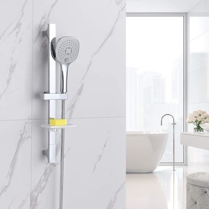 Ensemble barre de douche chromé avec pommeau à main 3 jets, porte-savon ...