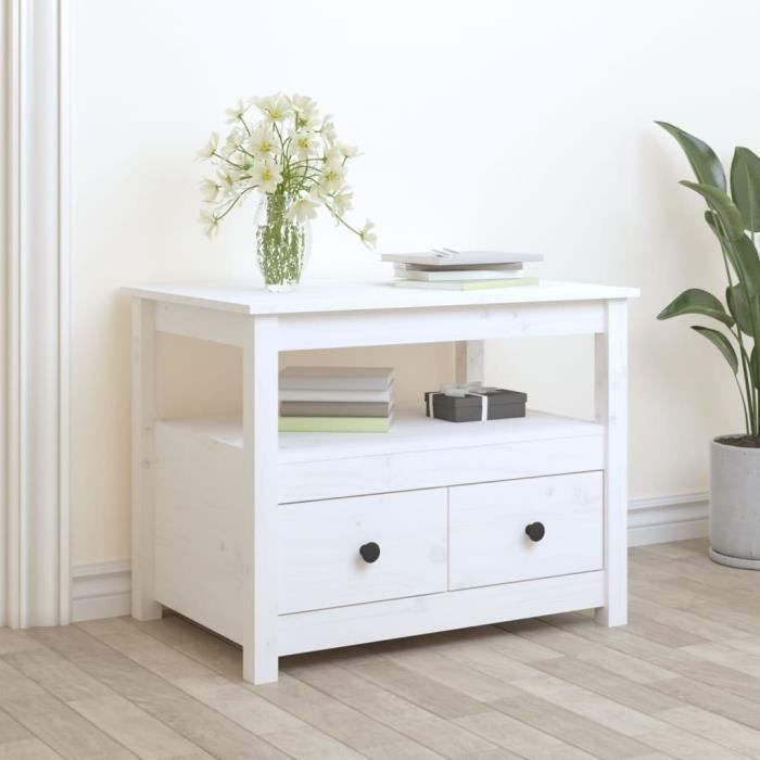 HOP-Table basse Blanc 71x49x55 cm Bois massif de pin-HOP820937 ...