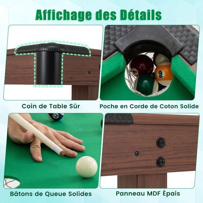 Table de Billard Compacte 122cm COSTWAY-16 Boules-2 Queues de Billard ...