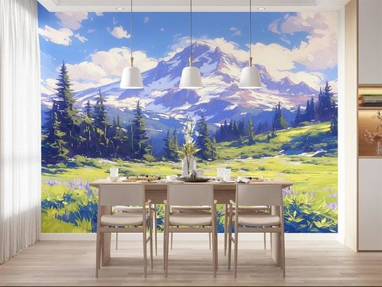 Papier Peint Panoramique Montagnes Rivières Paysages Prairies 350x256cm ...