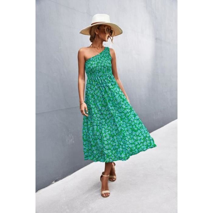 Robe taille haute sexy à fleurs et épaules dénudées pour femmes - Vert ...