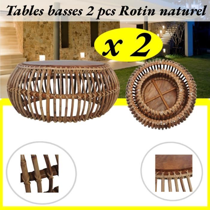 COC Tables basses 2 pcs rotin naturel et dessus de table en bois de ...