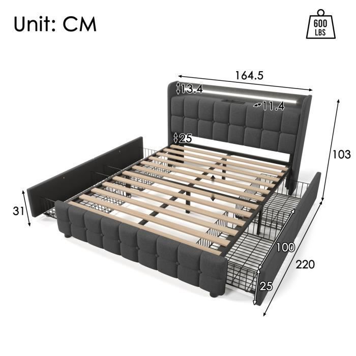 Lit 160 x 200 avec 4 tiroirs,lit double capitonné 160 x 200 avec de ...