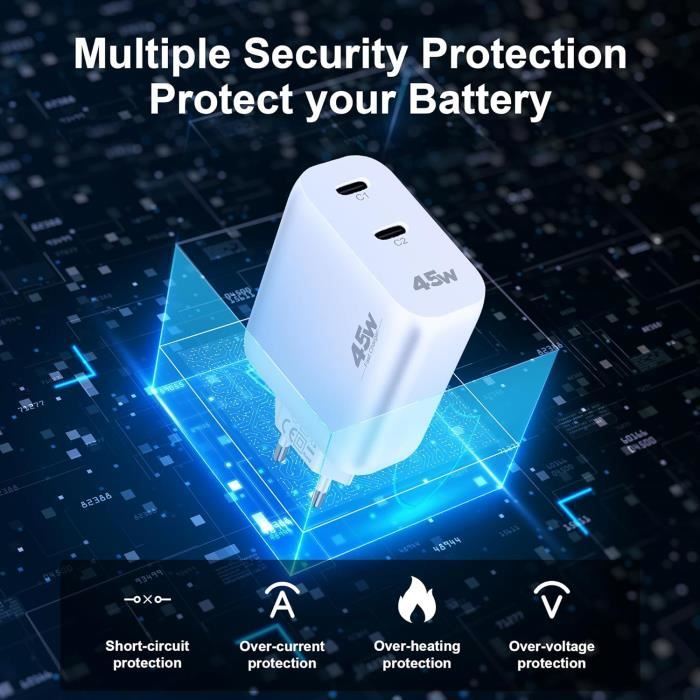 Embout Chargeur Rapide Double Usb C 45W, Pr Usb C, Adaptateur Secteur ...