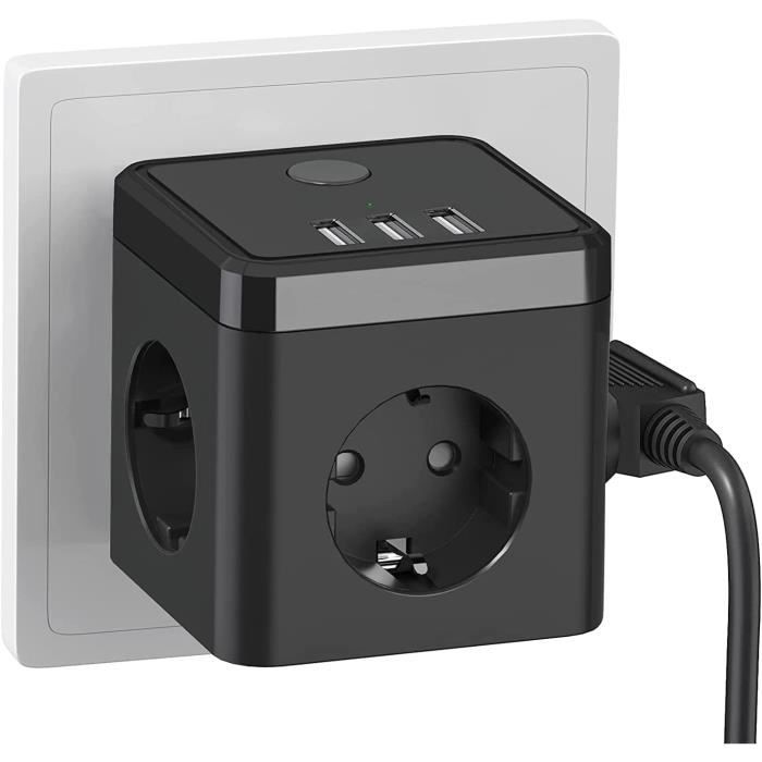 Cube multiprise USB 6 en 1 sans câble (2400 W-10 A) avec interrupteur, 3 prises multiples ...