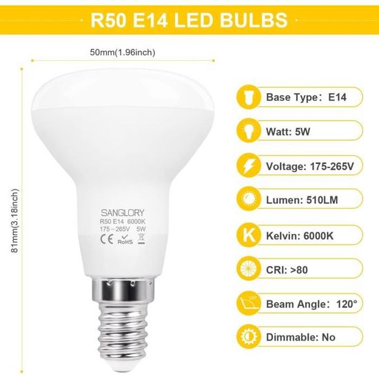 Ampoules Réflecteur Led E14 R50 Blanc Froid 6000K,510Lm,5W E14 Spot ...