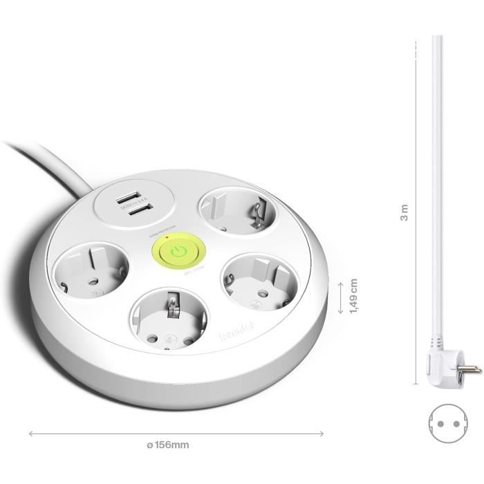 Multiprise Ronde À 4 Prises + 2 Usb Interrupteur | Câble De 3 M Avec Tt ...