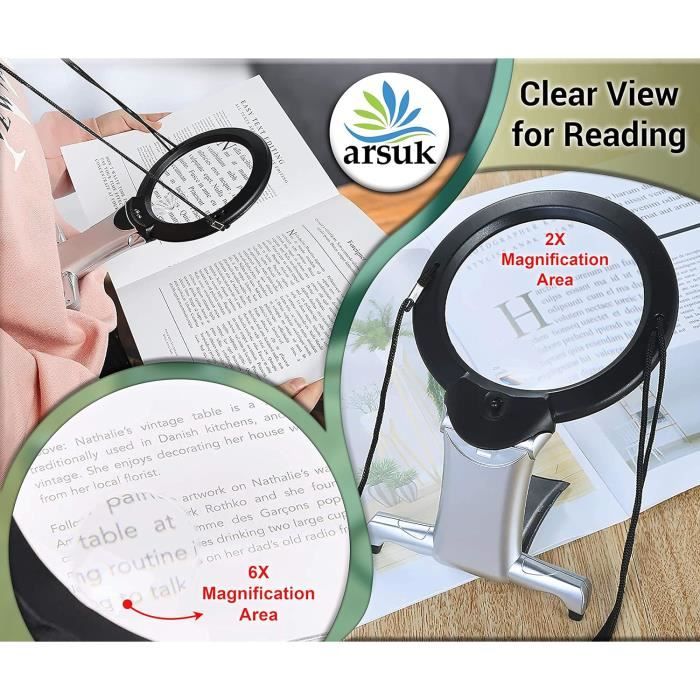 ARSUK Loupe avec lère et Support, loupe 6X avec lère, loupe Mains Libres avec Support, Grandes ...