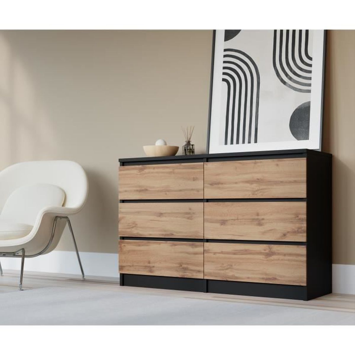 Commode - Noir & Chêne Wotan - 6 Tiroirs - L:120cm H:79cm P:39cm ...