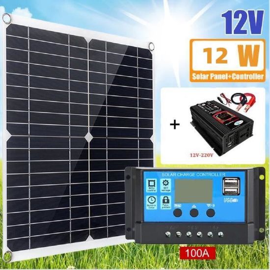 Convertisseur 12V à 220V - QINGQUE - 6000W - Kit panneau solaire 12W - Chargeur batterie 100A ...